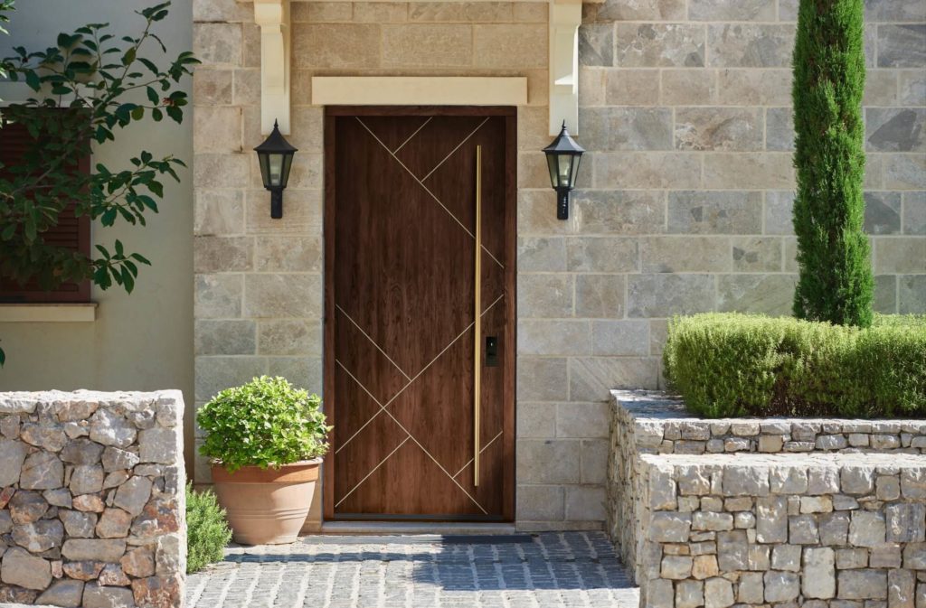 Contemporary Cherry Fiberglass Exterior Door with Stainless Inlays ...